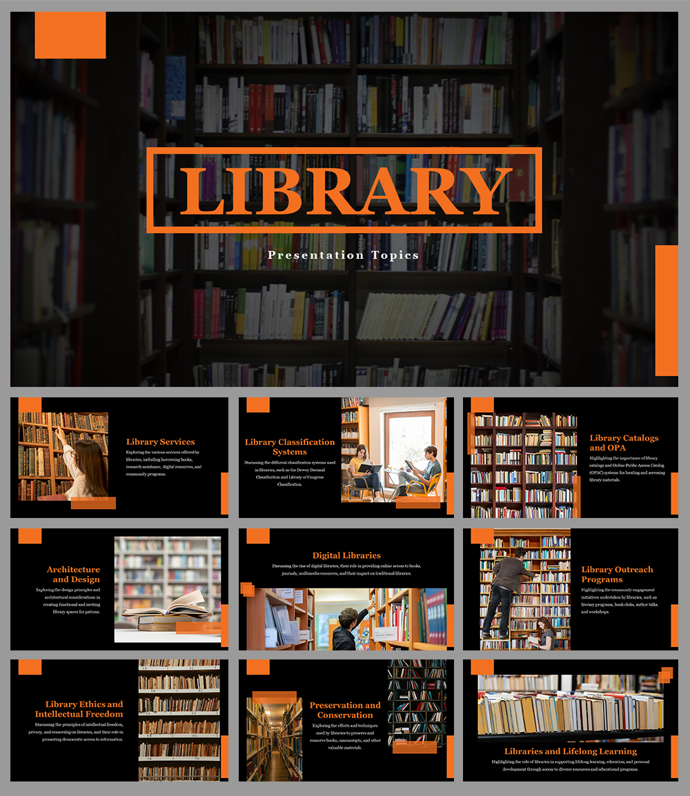 Library Topics PowerPoint and Google Slides Templates